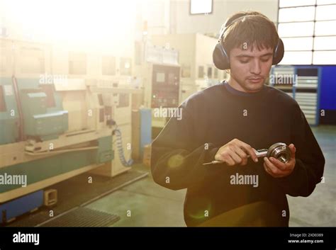Worker Measuring With Caliper Area Automated Cnc Lathes Machined Indecober Machining Of