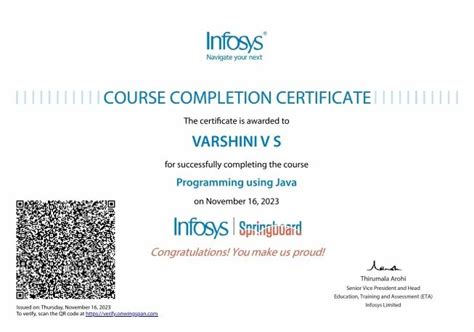 Completed Java Programming Course On Infosys Springboard Varshini