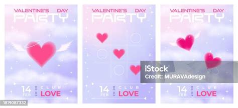 현대 Y2k 디자인 발렌타인 데이 파티 초대장 배너 포스터 세트 2월에 대한 스톡 벡터 아트 및 기타 이미지 2월 강렬하고 밝은 색상 개체 그룹 Istock