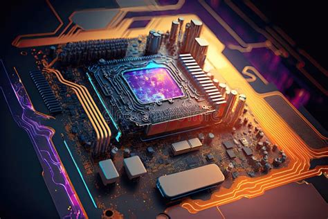 Futuristic Circuitry Abstract Computer Motherboard And Processor With Cyberspace Lighting And