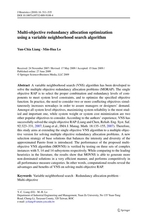 Pdf Multi Objective Redundancy Allocation Optimization Using A