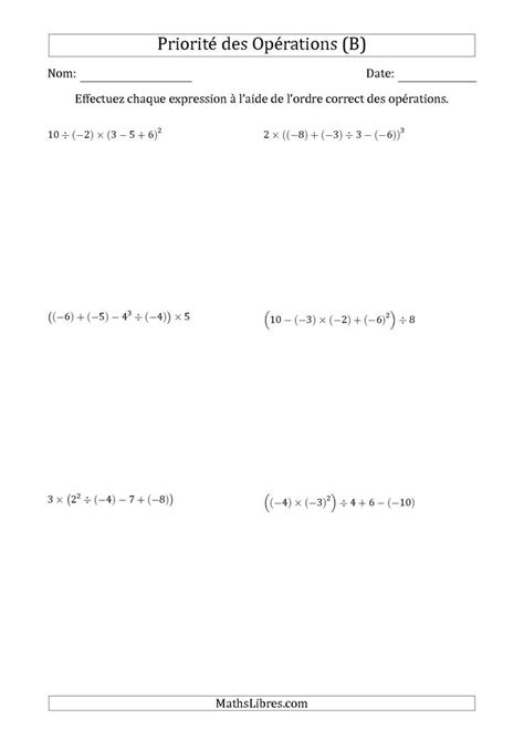 la fiche d exercices de maths priorité des opérations sur les nombres