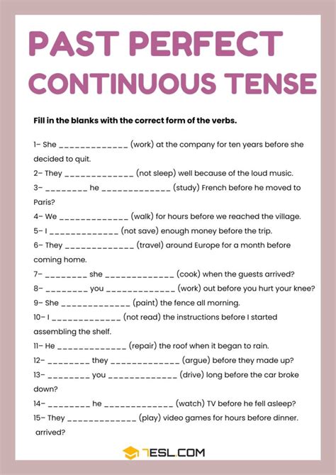 Past Perfect Continuous Tense Worksheets And Exercises • 7esl