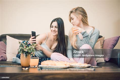 Roommates Lesbian Student Couple Watching Chating Having Fun In Their