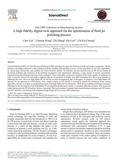 Pdf A High Fidelity Digital Twin Approach For The Optimisation Of Fluid Jet Polishing Process