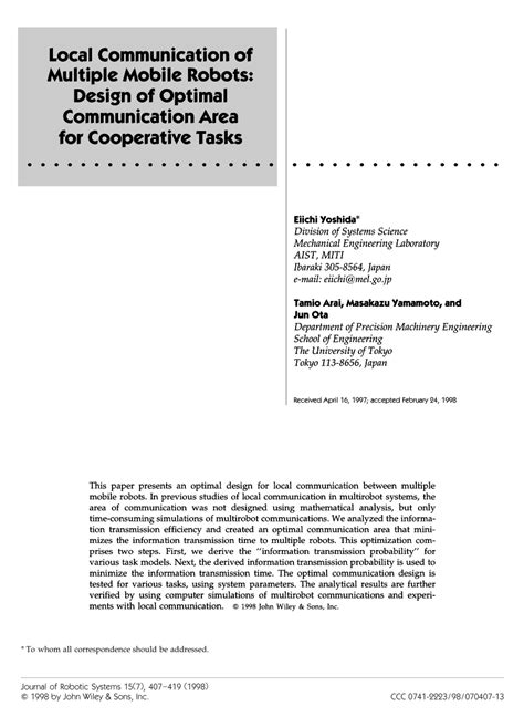Pdf Local Communication Of Multiple Mobile Robots Design Of Optimal Communication Area For