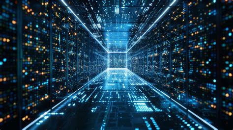 Futuristic Data Center With Glowing Digital Interfaces And Advanced Technology Stock