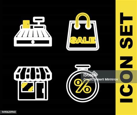 판매 스톱워치 및 퍼센트 시장 상점 및 금전 등록기 아이콘이 있는 라인 쇼핑백을 설정합니다 벡터 건물 외관에 대한 스톡 벡터 아트 및 기타 이미지 Istock
