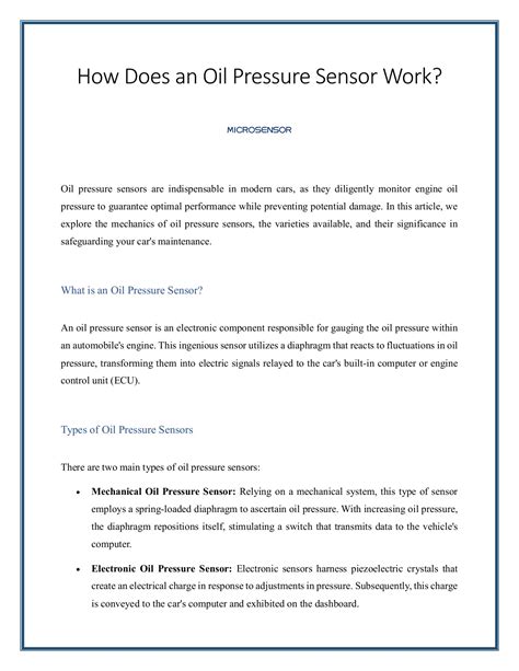 Understanding The Functionality Of An Oil Pressure Sensor
