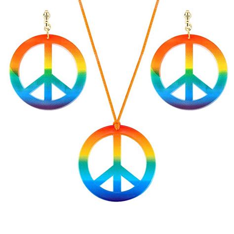 Exquisite 60s 70s Rainbow Peace Sign Pendant Earrings Necklace Jewelry