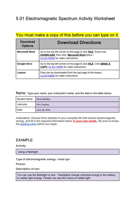 Electromagnetic Spectrum Activity Worksheets