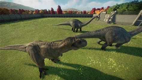 Jurassic World Evolution 2 Tyrannosaurus Rex Vs Apatosaurus Youtube