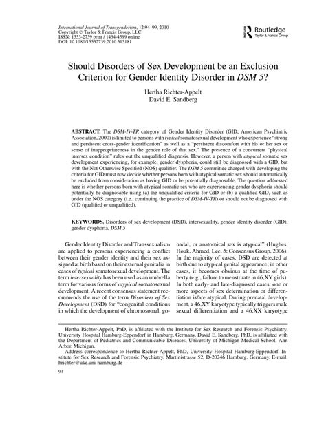 PDF Should Disorders Of Sex Development Be An Exclusion Criterion For Gender Identity Disorder