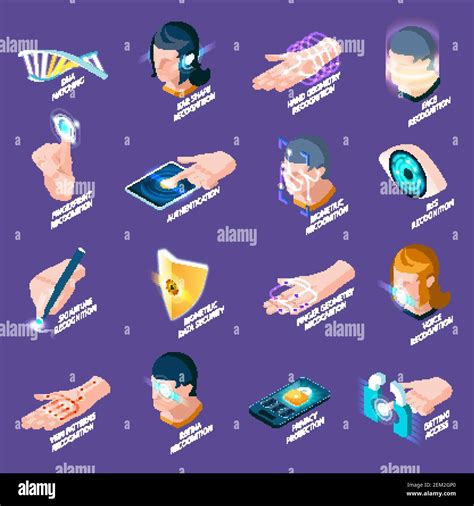 Biometric Authentication Isometric Icons With Dna Matching Human Body Parts Recognition