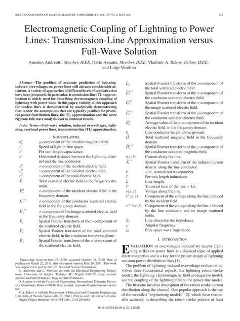 Pdf Electromagnetic Coupling Of Lightning To Power Lines Transmission Line Approximation