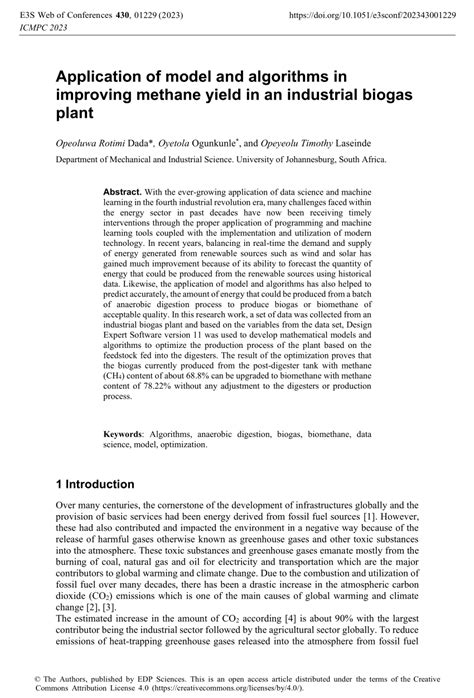 PDF Application Of Model And Algorithms In Improving Methane Yield In An Industrial Biogas Plant