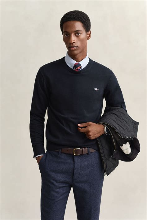 Cotton Crew Neck Sweater Gant Evening Blue Official Gant Store