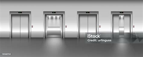 현대 여객 엘리베이터 폐쇄 개방 및 반 폐쇄 금속 오두막 문이있는 엘리베이터 현대적인 미니멀 한 인테리어의 강철 리프트 스테인리스강에 대한 스톡 벡터 아트 및 기타 이미지