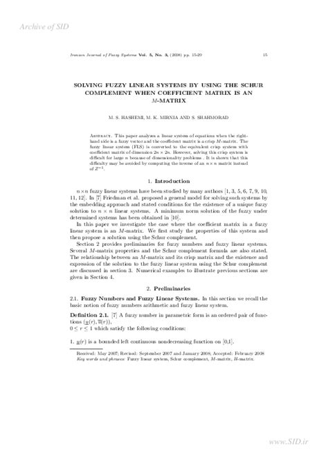 Pdf Solving Fuzzy Linear Systems By Using The Schur Complement When Coefficient Matrix Is An M