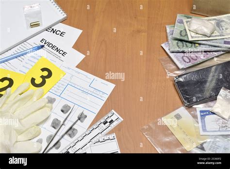 Paperwork During Crime Scene Investigation Process In Csi Laboratory Evidence Labels With