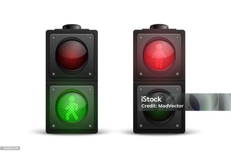 벡터 3d 현실적인 상세한 도로 신호등 아이콘 세트 절연 안전 규칙 개념 디자인 템플릿 정지등 빨간색과 노란색 표시등으로 신호등을 켭니다 보행자 신호등 3차원 형태에 대한