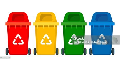 전자 폐기물 플라스틱 금속 유리 종이 유기 쓰레기에 대한 재활용 기호가 있는 여러 가지 빛깔의 쓰레기통 벡터 그림입니다 휴지통 아이콘에 대한 스톡 벡터 아트 및 기타 이미지