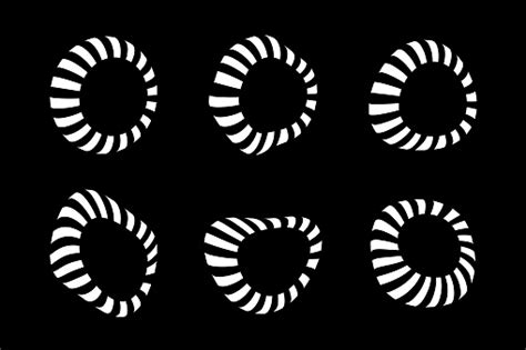 흰색 3d 원형 줄무늬 프레임 세트 검은 색 배경에 격리 된 3 차원 스트라이프 왜곡 모양 기술 의료용 로고 디자인 요소 둥근 테두리 줄무늬 텍스처 벡터 0명에 대한 스톡