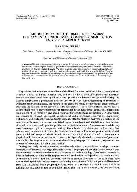 Pdf Modeling Of Geothermal Reservoirs Fundamental Processes