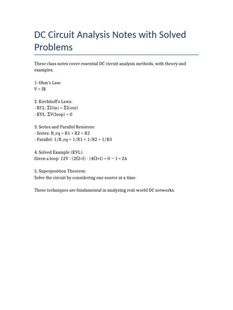 dc circuit analysis notes with solved problems pdf