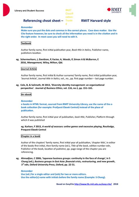 Refencing Rmit Harvard Cheat Sheet S1 2021 Referencing Cheat Sheet