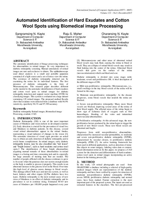 Pdf Automated Identification Of Hard Exudates And Cotton Wool Spots Using Biomedical Image