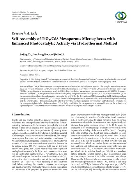 Pdf Self Assembly Of Tio2 Cds Mesoporous Microspheres With Enhanced Photocatalytic Activity