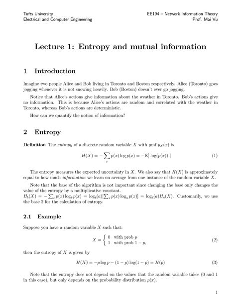 Lect01 An Introduction To Entropy And Information Electrical And Computer Engineering Prof