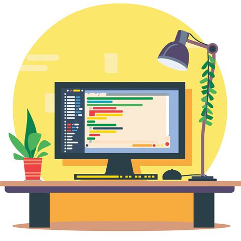 Colorful Coding Workspace Illustration Monitor Displaying Code Desk Lamp And Potted Plant On