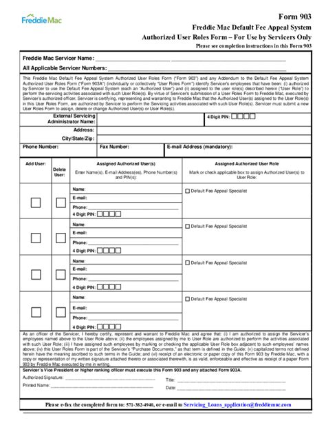 Fillable Online Form 903 Freddie Mac Default Fee Appeal System Authorized User Roles Formfor