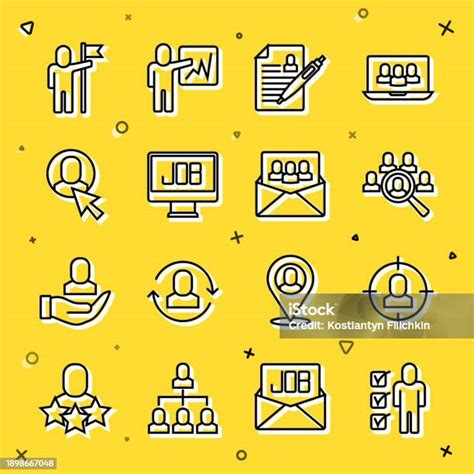 라인 이력서 헤드 헌팅 검색 작업에 대한 돋보기 검색 작업자 깃발을 들고 있는 남자 및 프로젝트 팀 기본 아이콘을 설정합니다 벡터 개념에 대한 스톡 벡터 아트 및 기타