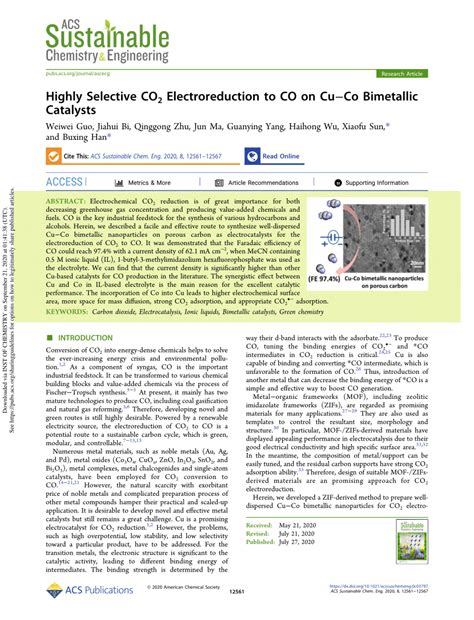 Pdf Highly Selective Co2 Electroreduction To Co On Cu Co Bimetallic Catalysts