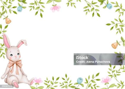 아기 토끼 소년 수채화 프레임 생일 배경 성별 파티 베이비 샤워 어린이 파티 파스텔 색상의 어린이 그림입니다 수평 카드 포스터