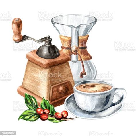 클래식 커피 그라인더 커피와 커피 원두 한 잔을 곁들인 드립퍼 손으로 그린 수채화 그림 흰색 배경에 고립 0명에 대한 스톡 벡터 아트 및 기타 이미지 Istock