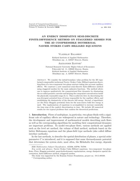 Pdf An Energy Dissipative Semi Discrete Finite Difference Method On Staggered Meshes For The