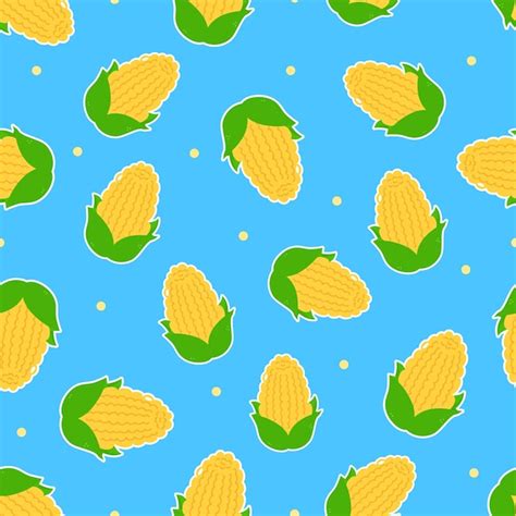 Cute Funny Corn Concept Blue Seamless Pattern Premium Vector