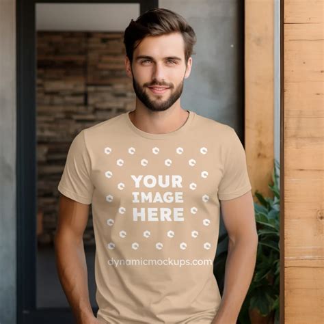 Man Wearing Tan T Shirt Mockup Front View Template 703 Psd Use It Now