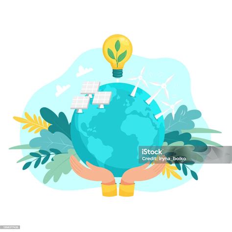 풍력 터빈 및 태양전지 패널을 갖춘 대체 청정 에너지 개념 풍차와 재생 가능한 전원 에너지와 지구를 저장합니다 플랫 일러스트레이션 지속 가능한 자원에 대한 스톡 벡터 아트