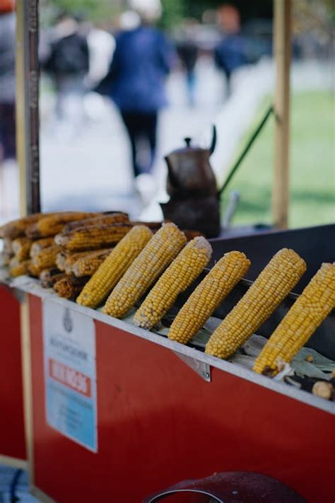 집 밖의 Flavorful 거리 장면 과자 구운 옥수수 길거리 음식 노란 옥수수 노점 노점상 농업 도시 도시 생활 도시의 도시의 삶 뜨거운 간식