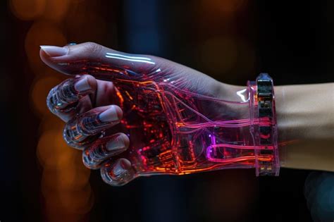 Premium Ai Image Digital Synthesis Human Hands Enhanced With Cybernetic Implants And Led Skin