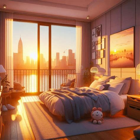 Cozy Urban Bedroom With Warm Sunrise And River View 2d Cartoon Lo Fi