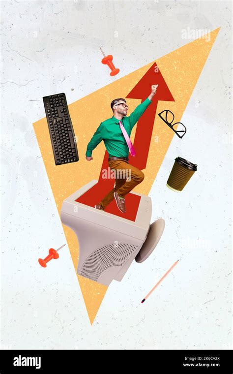 Magazine Poster Collage Of Mini Manager Guy Flying Up From Retro Computer Achieving Targets On