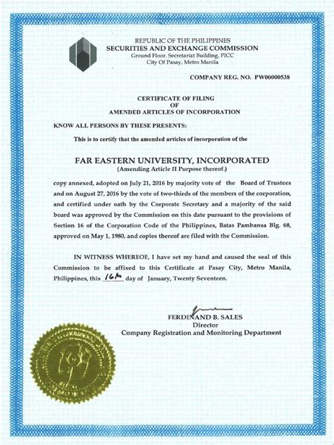 Feu Amended Articles Of Incorporation 2017 Pdf