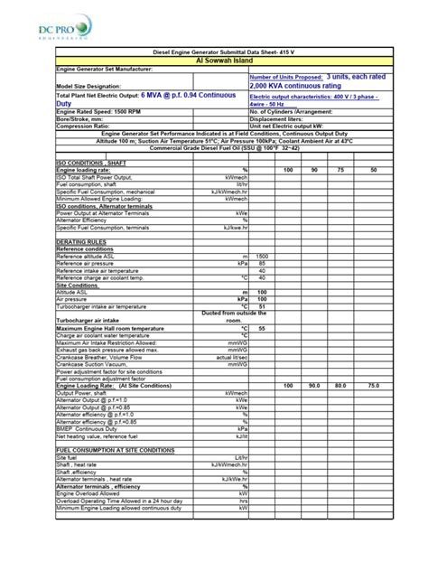 Enginegen Submittal Form Diesel Drive 415 V Pdf Diesel Engine