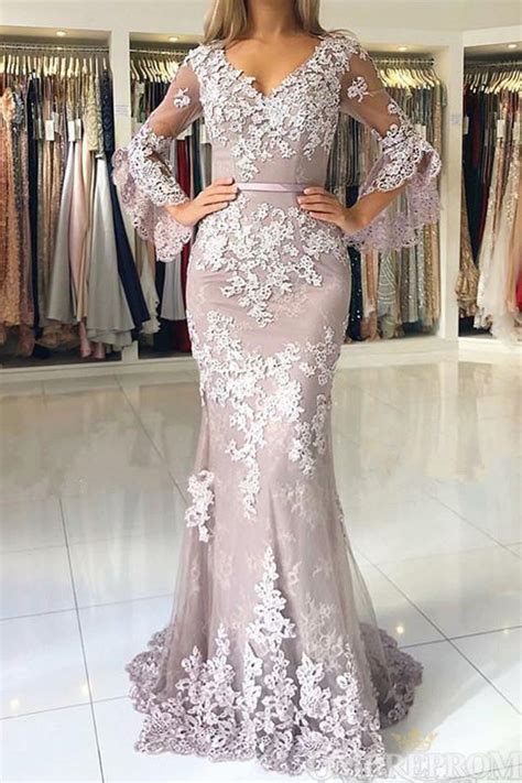 V Neck Long Sleeves Lace Mermaid Prom Dresses With Appliques Ombreprom